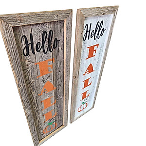Rockin' Wood Hello Fall Sign for front porch or hanging decor, autumn Thanksgiving sign fall decor, made in the USA with real reclaimed wood, fall harvest decorations (White)