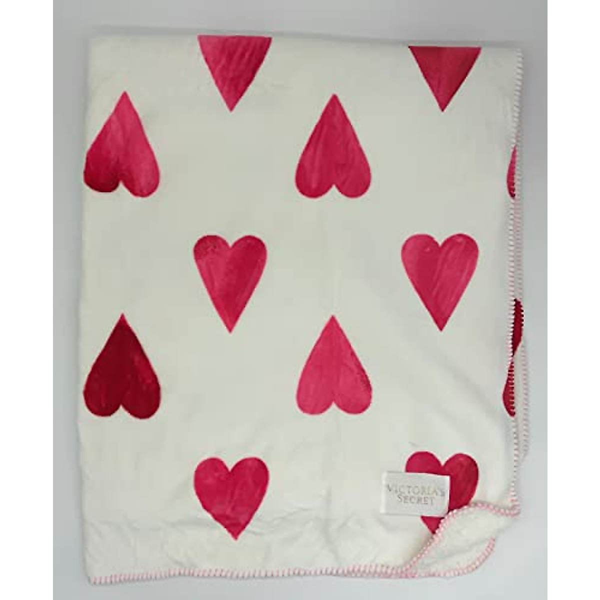 Victoria's Secret Soft Sherpa Throw Blanket, White Pink Hearts 50'' x 60''
