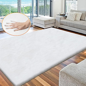ORINOVA White Fluffy Living Room Rugs 6x9 Area Rug Washable Shag Rugs for Bedroom Faux Rabbit Fur Nursery Rug Rectangle Rug