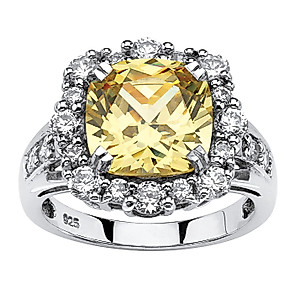 PalmBeach Platinum-plated Sterling Silver Cushion Canary Cubic Zirconia Halo Ring Sizes 5-10 Size 10
