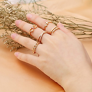 Honsny 8PCS 14K Gold Plated Stacking Rings for Women Gold Silver Stackable Knuckle Rings Twist Thumb Thin Dainty Gold Band Rings Wave Finger Eternity Silver Ring Set for Teen Girls Size 5 to 11