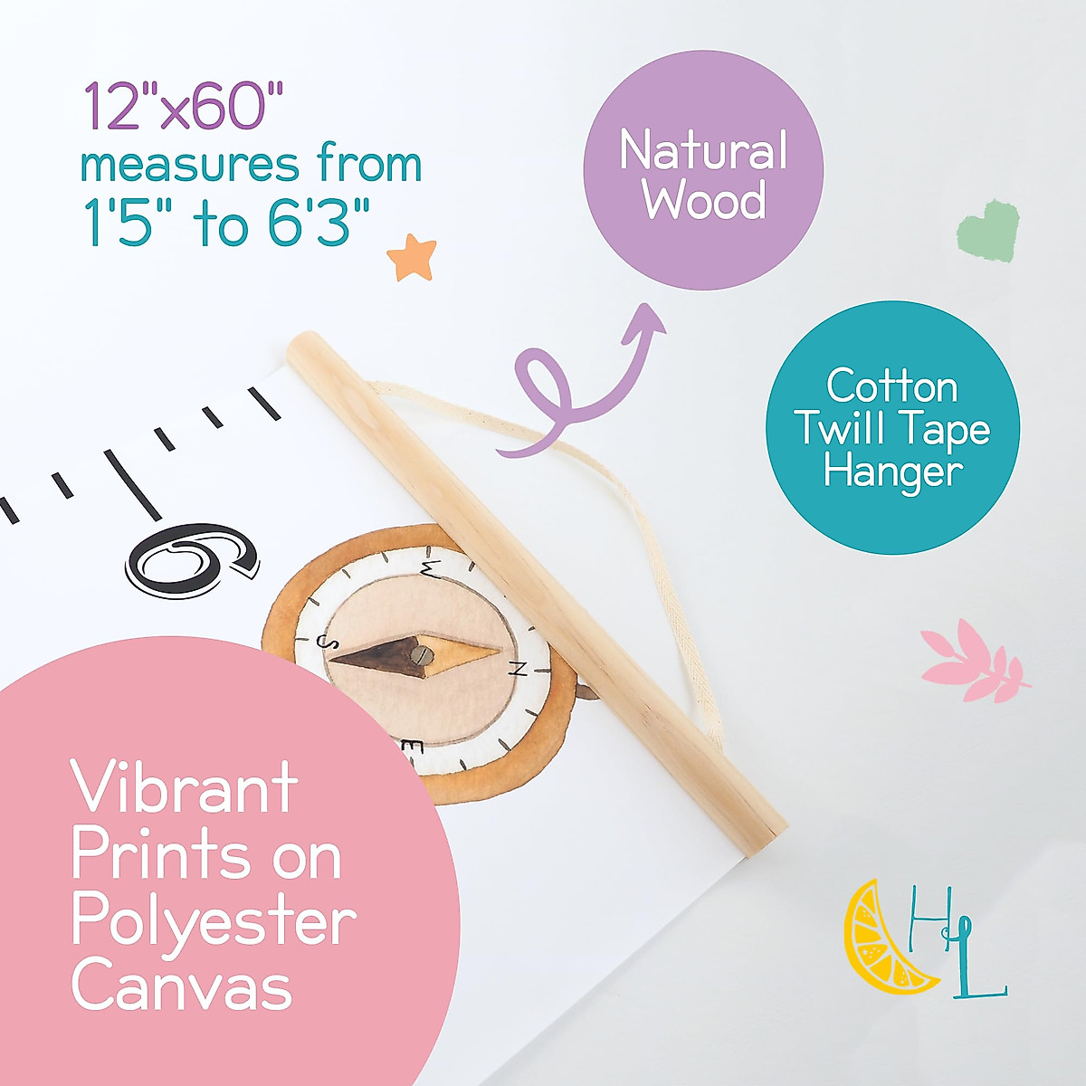 Baby Kids Canvas Hanging Growth Chart Height Ruler Portable 12"x60" Measures from 1'5" to 6'3" Nursery Wall Decor Shower Gift