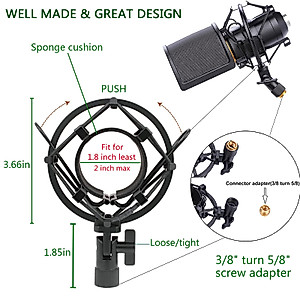 Microphone Shock Mount with Pop Filter, Mic Anti-Vibration Suspension Shock Mount Holder Clip for Diameter 46mm-51mm Microphone