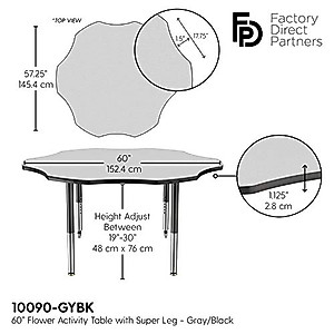 Factory Direct Partners 10091-GYBL Mobile Flower Activity School and Office Table (60"), Super Legs with Glides and Casters, Adjustable Height 19-30" - Gray Top and Black Edge