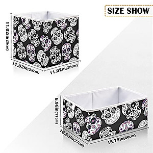 Sugar Skulls Flowers Storage Bins Cubes Storage Baskets Fabric Foldable Collapsible Decorative Storage Bag with Handles for Shelf Closet Bedroom Home Gift 11" x 11" x 11"
