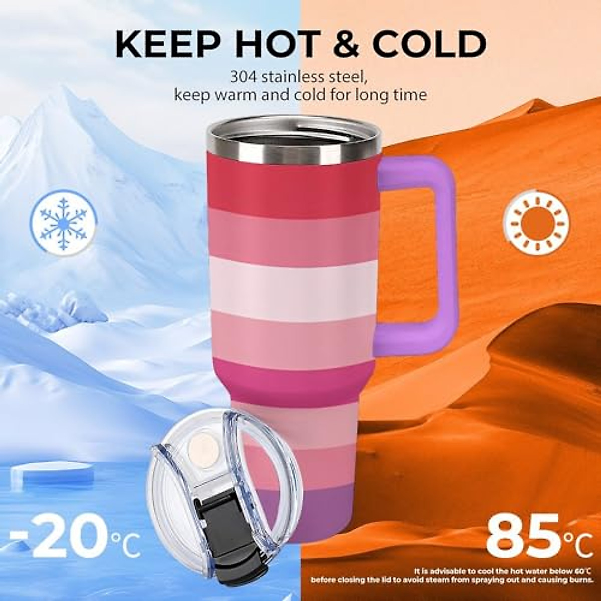 Lesbian Pride Flag 40 Oz Tumbler Insulated Stainless Steel Water Bottle Travel Mug Car Cup with Handle And Straw