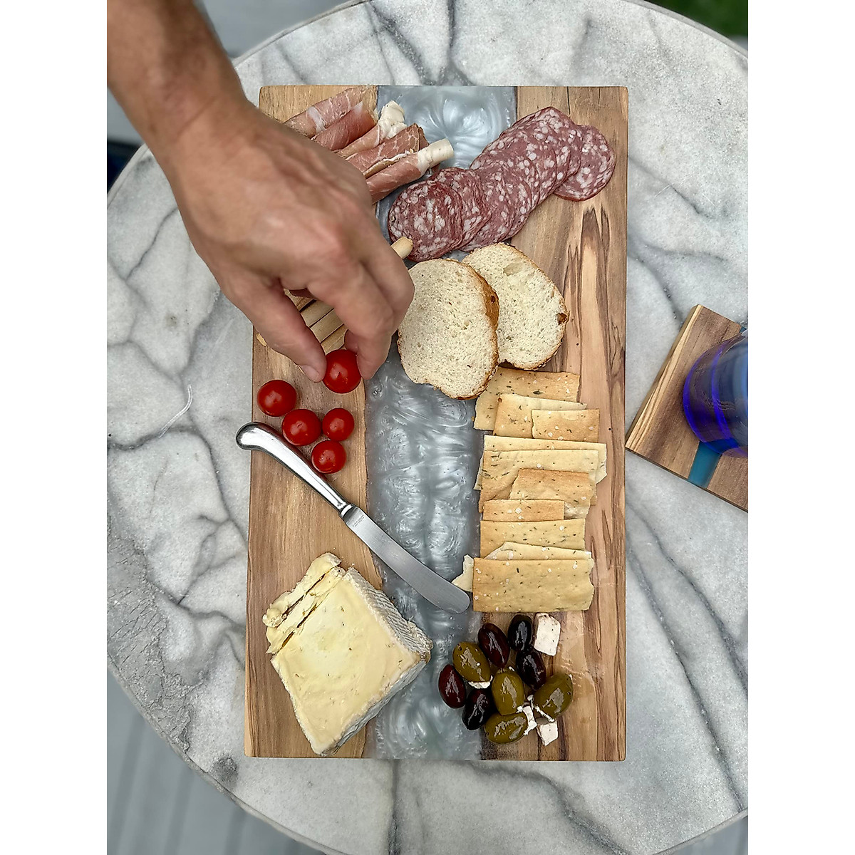 THE LIVE EDGE - Olive Wood Beautiful Charcuterie Board with Grey Resin | Epoxy Wood Cutting Board | Handmade Large Charcuterie Board | Wooden Cheese Board Set | Modern Cool Charcuterie Boards Gift Set