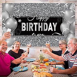Silver Happy Birthday Banner Backdrop Silver Birthday Party Decorations Black White Balloons Happy Birthday Background Photo Photography Banner for Men Women Birthday Supplies, 72.8 x 43.3 Inch