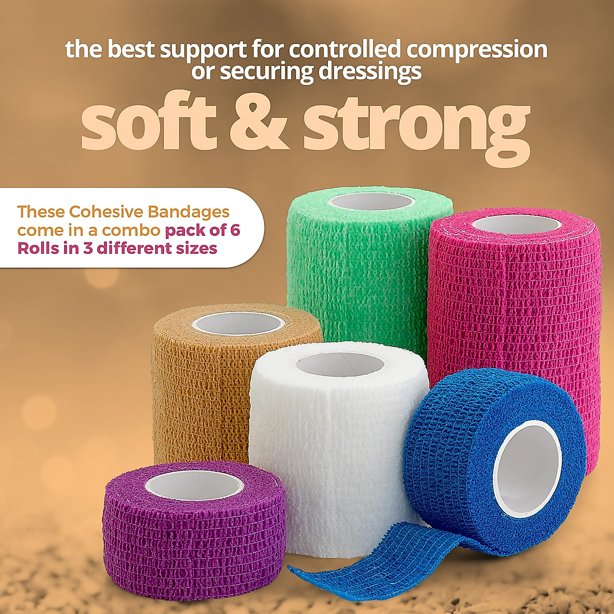 6 Pack, Self Adherent Cohesive Tape - 1" 2" 3" x 5 Yards Combo Pack, Self Adhesive Bandage Rolls & Sports Athletic Wrap for Ankle, Wrist, Sprains and Swelling, Vet Wraps in Neon Colors