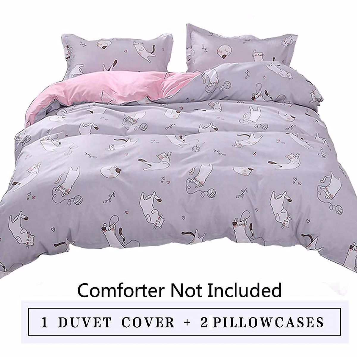 Omelas Girls Grey Bedding Duvet Cover Set Queen Full Size Kids Lovely Cats Playing with Pink Geometry Reversible Quilt Cover Super Soft Microfiber Bedding,2 Pillow Shams,Zipper Closure(KAMM,Q)