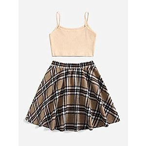 WDIRARA Girl's 2 Piece Cute Outfits Cartoon Print Cami Top and Plaid Skirt Set Multicolored 11-12Y