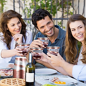 Gejoy 9 oz Rimmed Swirl Plastic Cups Disposable Wine Drinking Cups Clear Elegant Wedding Tumblers for Engagement Single Party Supplies(Rose Gold)