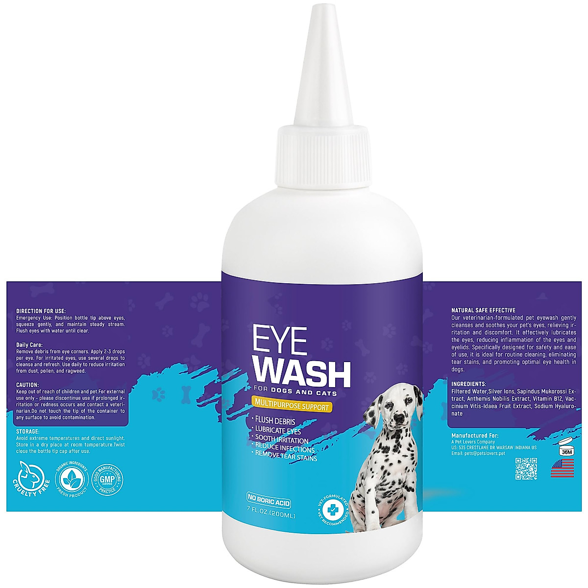 Spanielbuns Dog Eye Drops 200ml,All Natural Ingredients Eye Wash for Dogs and Cats, Cleanses Tear Stains,Goop Mucus, Improves Allergy Symptoms and Dry Eyes