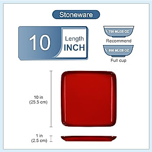 LOVECASA Red Dinner Plates Set of 4, Square Dessert Salad Plates Set, 10 Inch Stoneware Plates, Dishwasher, Oven and Microwave Safe