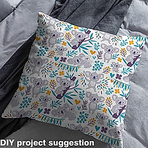 Koala Fabric by The Yard, Australia Wild Animal Upholstery Fabric, Leaf Floral Branches Botanical Decorative Fabric for Quilting Sewing Cartoon Bear Child Kawaii Fabric Gift, Gray Blue 1 Yard