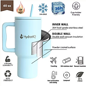 HydratiQ 40 oz Tumbler with Handle and Straw Spill Proof Insulated Water Bottle Leak Proof Stainless Steel Cup Holder Travel Mug Hot Cold Vaso Termico