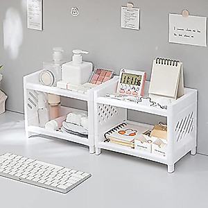 Storage Shelf, Storage Shelf Double Tiers Multi-Function Plastic Cosmetic Sundries Organizer for Home White 9.45" x 5.91" x 7.09"