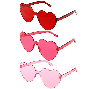 AFNWQI Heart Sunglasses, Heart Shaped Sunglasses, 3-Pack, Transparent Rimless Sunglasses, Colored Sunglasses, Heart Glasses, Heart Sunglasses for Women, Party Glasses (Red+Hot Pink+Pink)