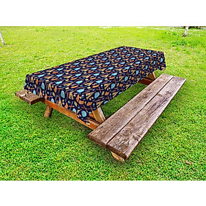 Ambesonne North Pole Outdoor Tablecloth, Eskimo Alaska Elements and Style Symbolic Items Doodle, Decorative Washable Picnic Table Cloth, 58" X 84", Dark Blue Grey and Multicolor