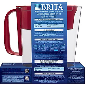 Brita Water Filter Pitcher for Tap and Drinking Water with 1 Standard Filter, Lasts 2 Months, 6-Cup Capacity, Christmas Gift for Men and Women, BPA Free, Red