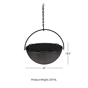 Ash & Ember 42" Cast Iron Cauldron Fire Pit Bowl with Double Hinged Grill Grate-Easy-Lift Handles & Handing Chain, Round Wood Burning Patio Fire Bowl for Backyard Patios
