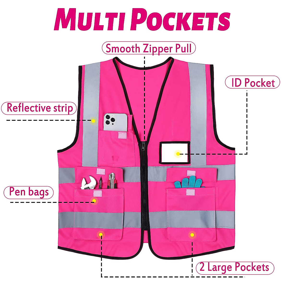 EBOOT 10 Pcs Safety Vests High Visibility Safety Vest with Reflective Strips, Neon Vest Construction Vest with Pockets (Pink)