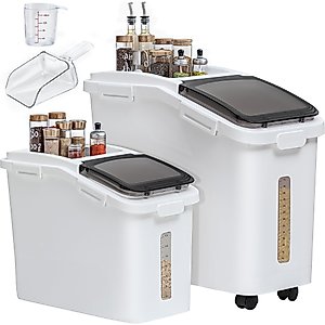 YITAHOME 65L/117lbs Large Ingredient Storage Bins, Commercial 11.4+5.8 Gal Rice Flour Storage Container, Organizer Storage Bin with Measuring Cup, Scoop and Wheels for Kitchen, White & Black Lid