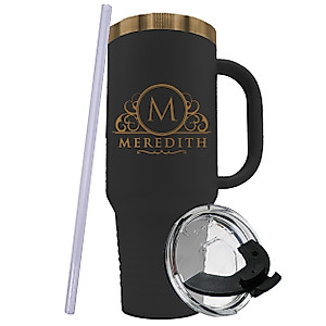 Custom Monogrammed 40 oz Tumbler with Handle, Lid and Straw - Personalized Insulated Stainless Steel Large Cup (Black with Gold)