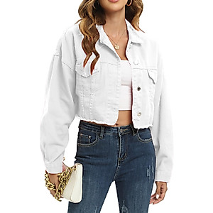 Gacaky Womens Casual Solid Color Ripped Distressed Cropped Denim Jean Jacket Coat With Frayed Hem White S