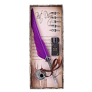 Ciglow Retro Feather Pen, Calligraphy Dip Feather Pen Sealing Set with 5pcs Nib Empty Ink Bottle Writing Pen Gift Box for Christmas, Valentine.(Purple)