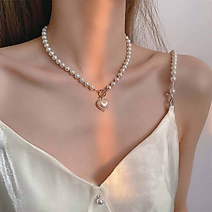 Allereyae Vintage Pearl Choker Necklace Gold Circle T Bar Necklace Bohemia Heart Necklace Love Heart Pendant Necklace Chain Jewelry for Women and Girls (Heart with crystal)