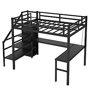 Linique Full Size Gaming Loft Bed with L-Shaped Desk, LED and Charging Station, Metal Loft Bed with Wardrobe and Adjustable Shelf for Kids Teens Adults, Black