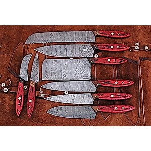 W Trading-Custom Hand made damascus steel blade Professional kitchen knives 8 PCS chef kitchen knife set with leather pouch for storage. WT-1046-8