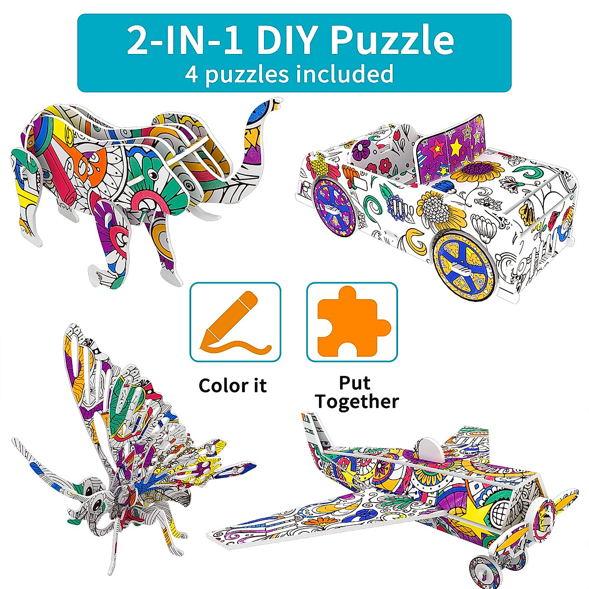 3D Coloring Puzzle Set, 4 Animals Puzzles with Pen, DIY Arts and Crafts for Girls Boys Age 6 7 8 9 10 11 12 Years Old(4 Pack)