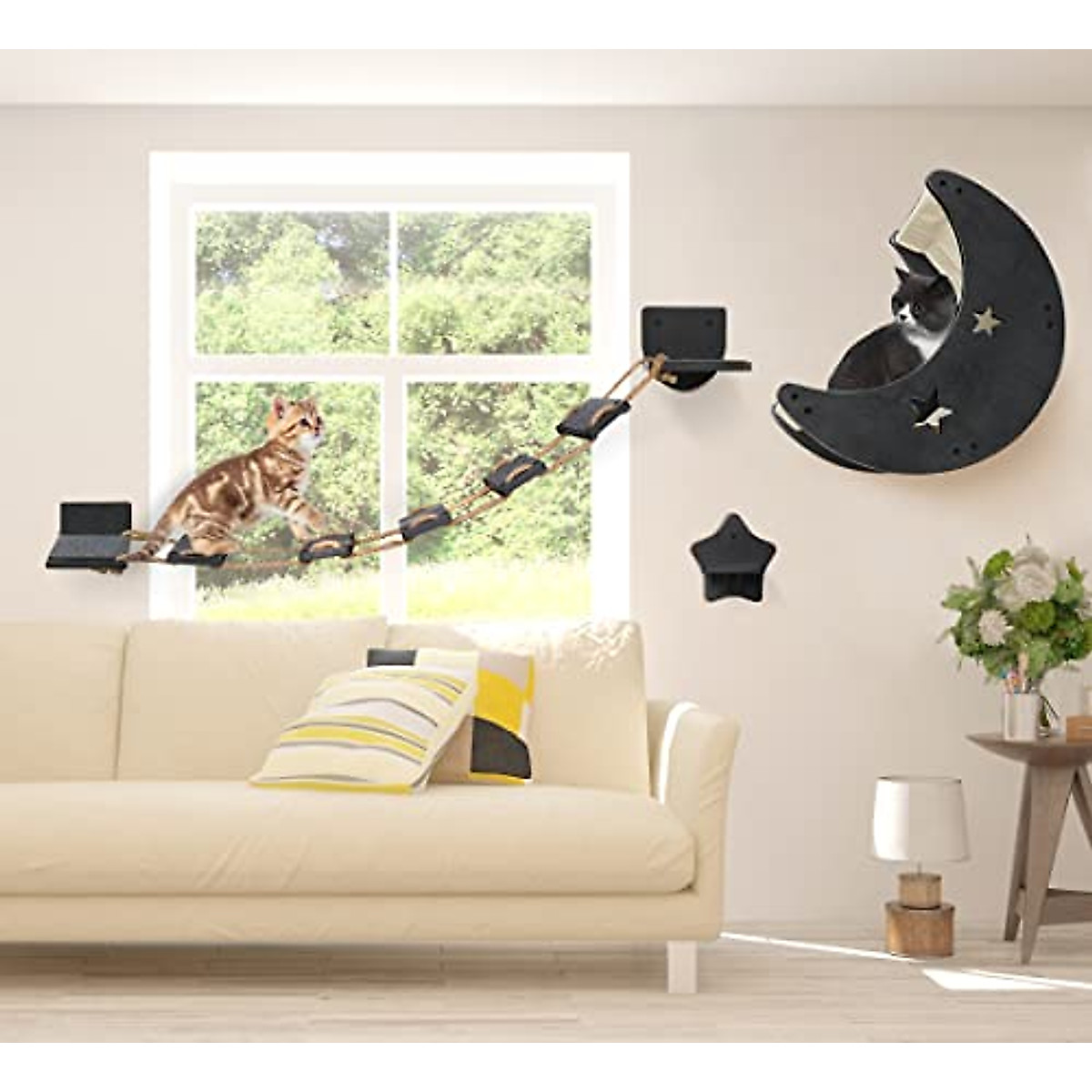 Cat Wall Shelves, Cat Hammock Cat Wall Furniture with 1 Step and 1 Climbing Bridge Step, Cat Climbing Shelf and Perches for Wall, Cat Wall Shelf Modern Beds and Perches for Activity Indoor…