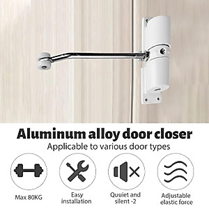 Automatic Door Closer, Zinc Alloy Safety Spring Door Closer Adjustable 30 kg Closing Door Hinge (White)