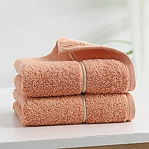 YiLUOMO Hand Towel Set of 2 Soft 100% Cotton Towels Gold Line Embroidered Design Absorbent Terry Bath Hand Towels for Bathroom Decorative Hotel, Gym, Pool 13x 29 Inch (Coral)