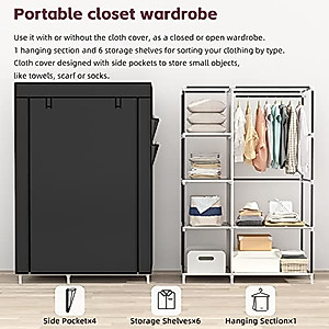 Calmootey Closet Storage Organizer,Portable Wardrobe with 6 Shelves and Clothes Rod,Non-Woven Fabric Cover with 4 Side Pockets,Black