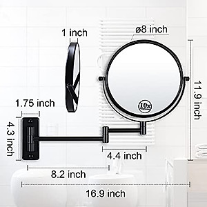 LANSI Wall Mounted Makeup Mirror, 1X/10X Magnifying Mirror 360° Extendable Arm Mirror for Makeup, 8 Inch Double Sided Vanity Mirror for Bathroom, Wall Mirror for Teen Girls, Women, Black