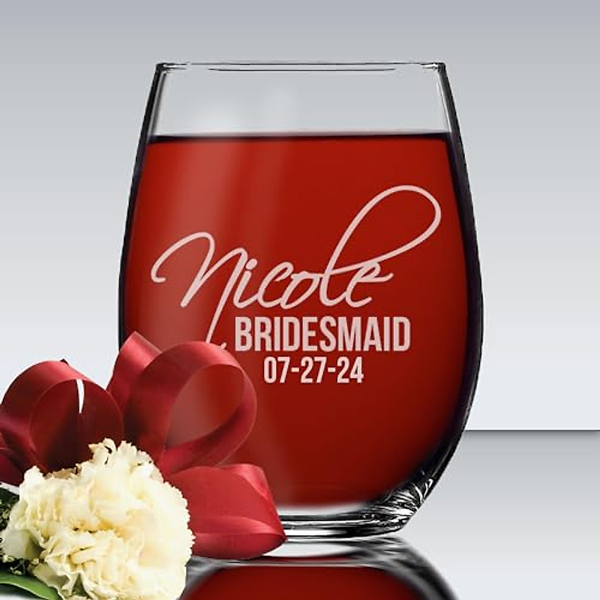 Set of 1, 2, 3, 4, 5, 6, 7, 8 Custom Etched Bride, Bridesmaid Stemless Wine Glasses - Personalized Wedding Party Glass Gifts - Feather Tip Style (1)