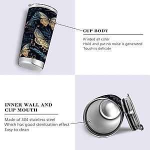 Wassud Gold Blue Butterfly 20 oz Tumbler with Lid and Straw Stainless Steel Double Wall Vacuum Tumblers Insulated Travel Coffee Mug for Cold and Hot Drinks