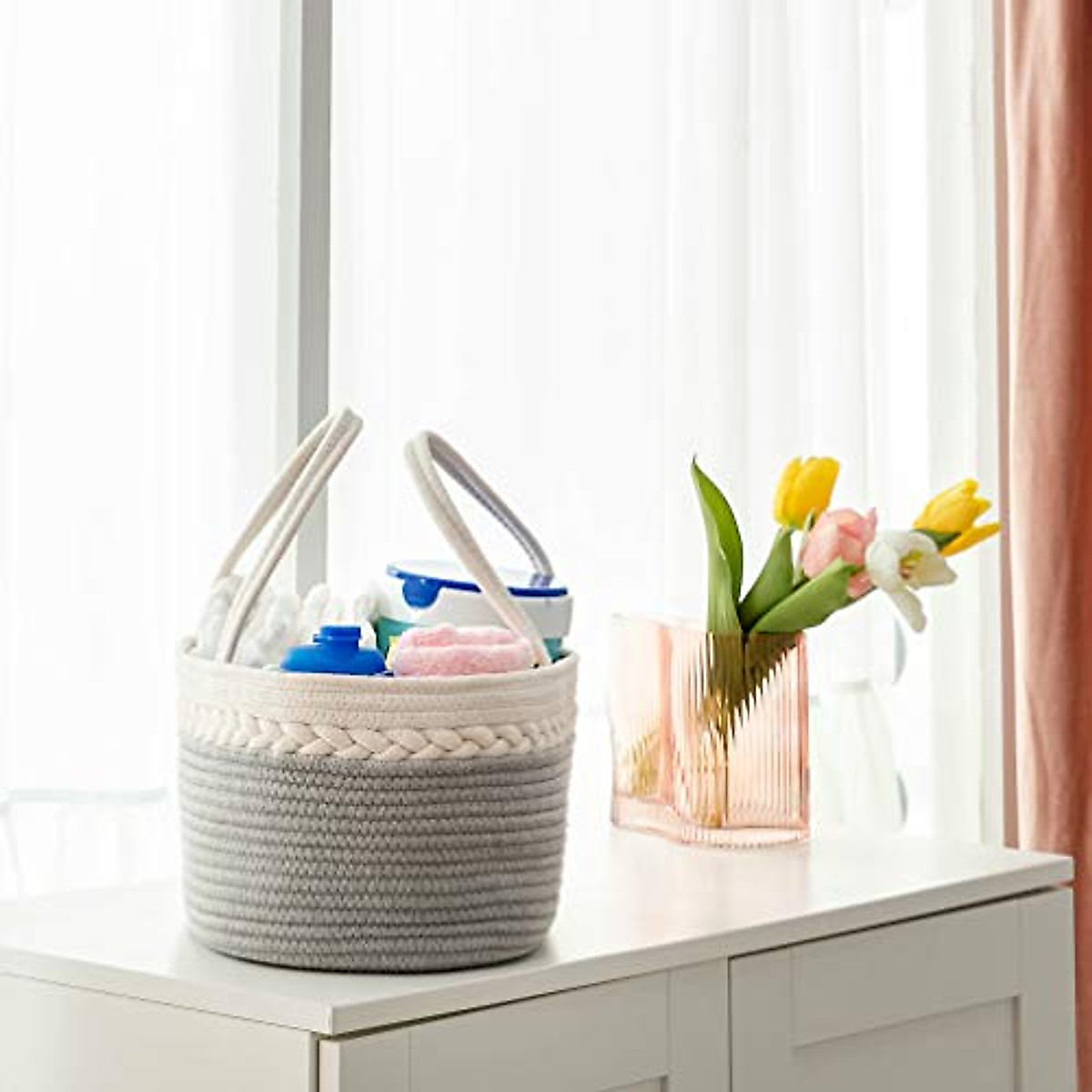 Hlryudo Baby Diaper Caddy Organizer, Large Capacity Nursery Storage Basket with Adjustable Divider, Cotton Rope Woven Diaper Basket, Baby Shower Gifts Newborn Essentials