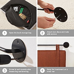 Iroomy Wall Mounted Headboard King with Brown Faux Leather Straps, Faux Leather Upholstered Headboard with Adjustable Heigh Headboard, King Headboard with Metal Bar for Dining Room, Bedroom, Brown