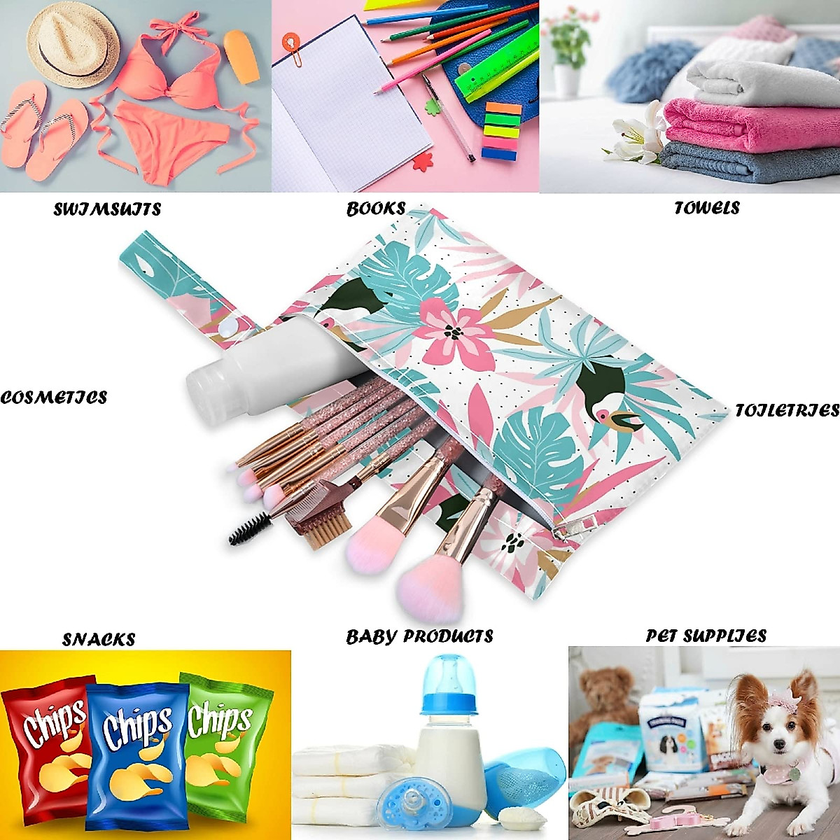 visesunny Tropical Palm Flower Parrot Animal 2Pcs Wet Bag with Zippered Pockets Washable Reusable Roomy for Travel,Beach,Pool,Daycare,Stroller,Diapers,Dirty Gym Clothes, Wet Swimsuits, Toiletries