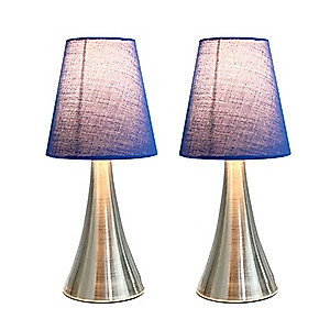 Simple Designs LT2014-BLU-2PK 12" Valencia 2 Pack Contemporary 4 Settings Touch Metal Mini Tapered Table Lamp Set with Fabric Shades for Home Décor, Nightstand, End Table, Bedroom, Living Room, Office, Foyer, Brushed Nickel and Blue