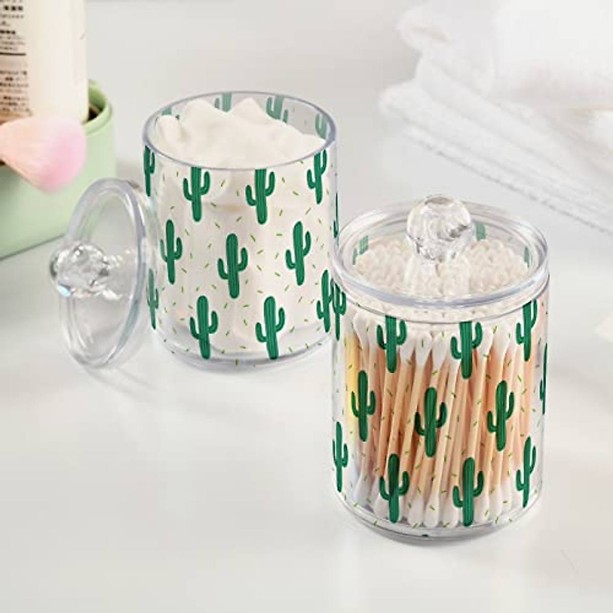 Kigai 2 Pack Apothecary Jars Cute Cactus Qtip Holder Organizer Clear Airtight Container for Cotton Swabs Food Storage 14oz Plastic Jars with Lids