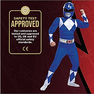 Blue Power Ranger Costume, Kids Size Beast Morphers Muscle Padded Character Jumpsuit and Mask, Classic Child Size Medium (7-8)