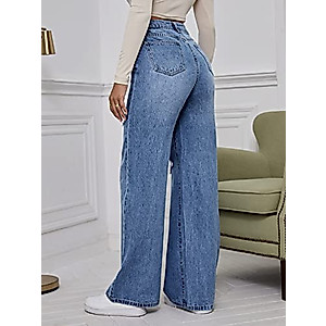WDIRARA Women's High Waist Ripped Wide Leg Baggy Jeans Distressed Denim Pants Medium Wash S