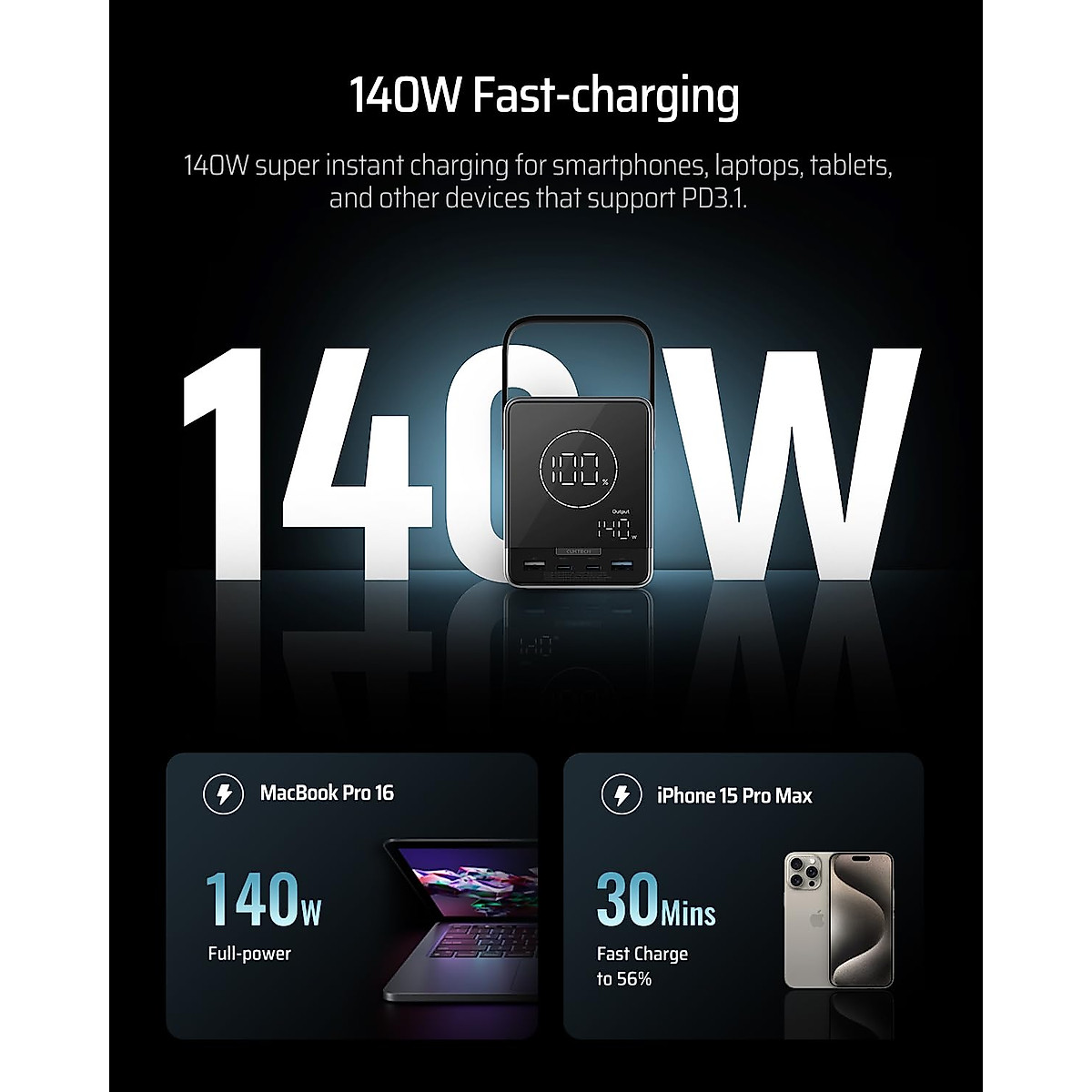 CUKTECH 30 Power Bank, 40,000mAh Power Station, 140W Laptop Power Bank, 144Wh Outdoor Generator, Multi-Port for 5 Devices, Fast & Wireless Charging, Portable Handle for Travel, Camping, Business Trip