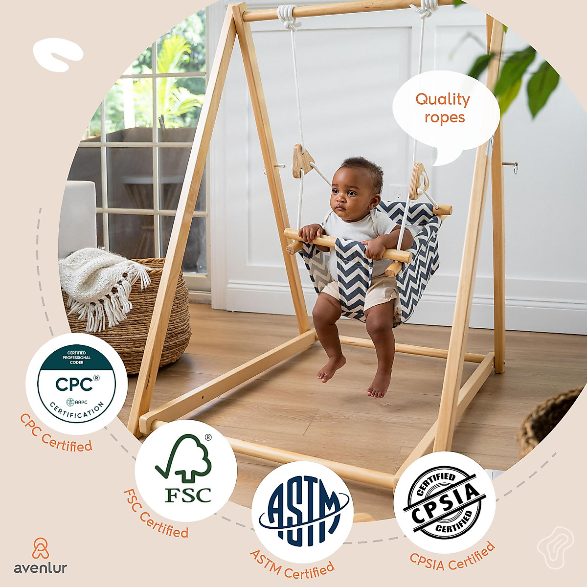 Avenlur Spruce Baby and Toddler Foldable Swing Set with Stand - Premium Montessori, Waldorf Style Self-Standing Indoor Swingset for Children 6m to 3 Yrs - Perfect for Home, Child Day Care, & Preschool